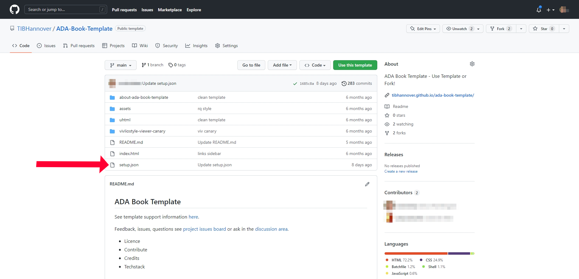 Edit the file setup.json and add in the organization name and repo name into line 3 and save at ...